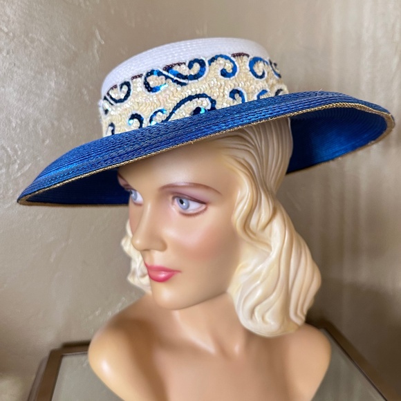 Accessories | Glitzy 197s Royal Bluewhite Wide Brim Hat Sequins Gold ...
